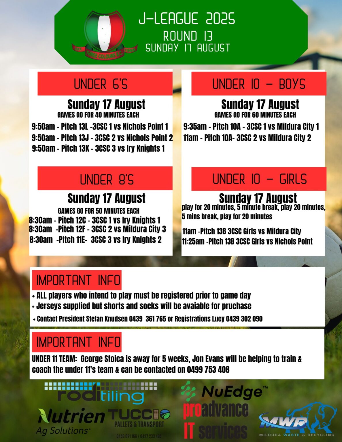 Round 13 J-League Fixtures U6 to U10s - Three Colours Soccer Club